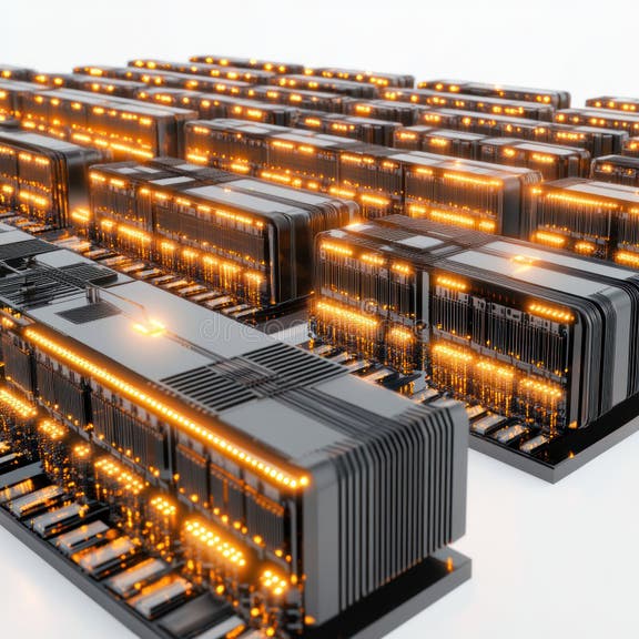 Modern Data Servers with Glowing Orange Lights Stock Illustration ...