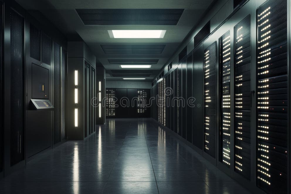 Modern Data Storage Facility Interior with Server Racks and Futuristic ...