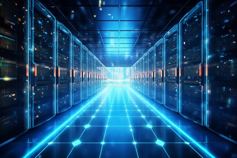 Modern Data Storage Facility with Rows of Servers and Virtual Data ...