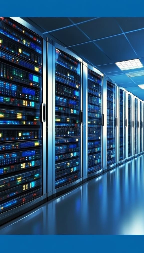Modern Data Technology Center with Rows of Server Racks and Network ...