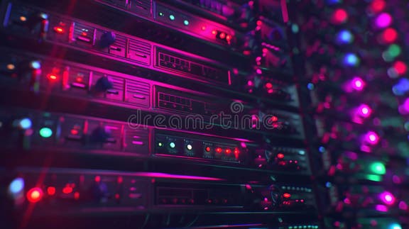 Modern Data Technology Center Server Racks in Dark Room with VFX ...