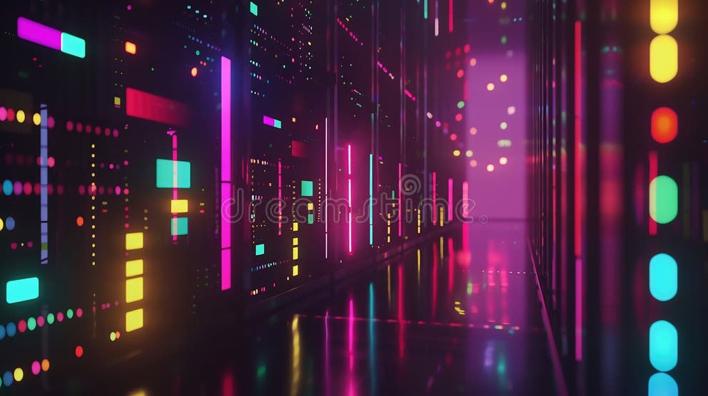 Modern Data Technology Center Server Racks in Dark Room with VFX ...