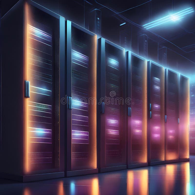 Modern Data Technology Center Server Racks in Dark Room with VFX ...