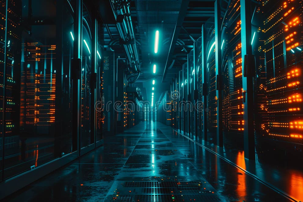 Modern Data Technology Center Server Racks in Dark Room with VFX ...