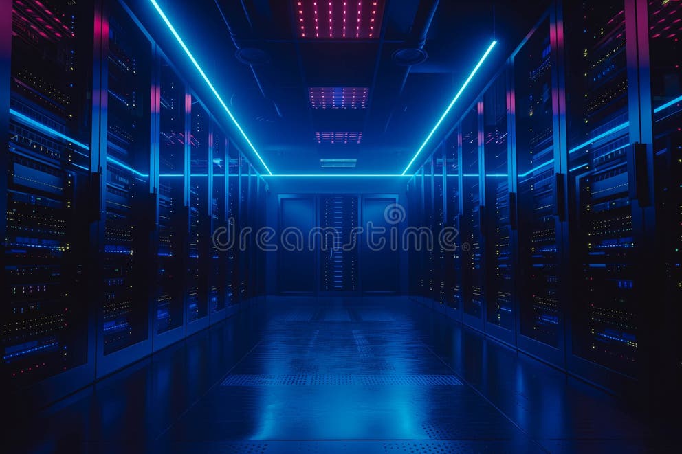 Modern Data Technology Center Server Racks in Dark Room with VFX ...