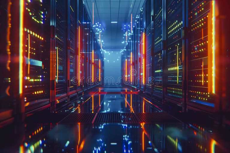 Modern Data Technology Center Server Racks in Dark Room with VFX ...