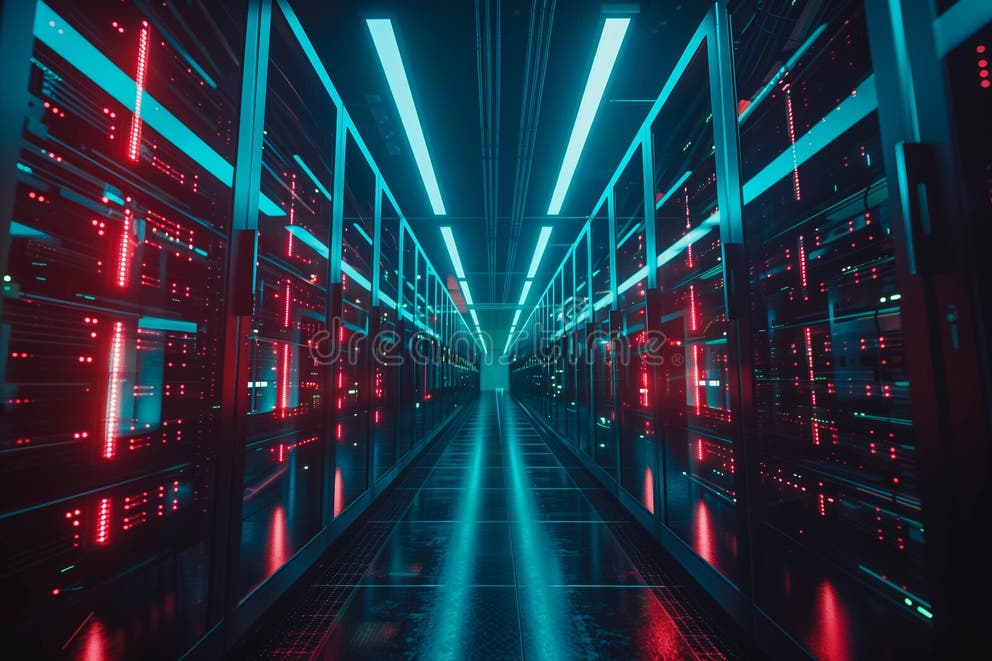 Modern Data Technology Center Server Racks in Dark Room with VFX ...