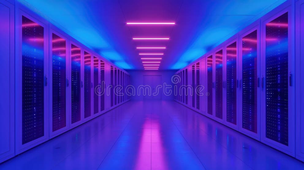 Modern Data Technology Center Server Racks Working in Dark Room ...