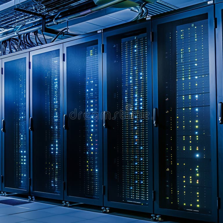 Modern Datacenter with Illuminated Server Racks and Network Cables for Data Storage and ...