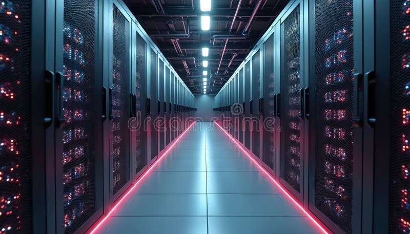 Modern Datacenter Interior with Servers. Digital Technology, Information Storage, Network ...