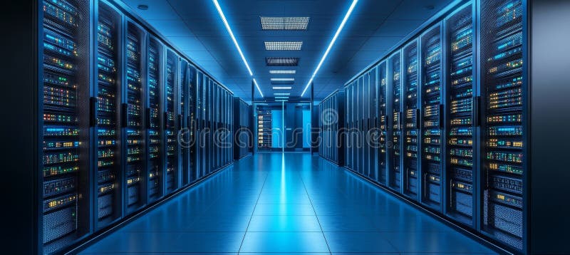 Modern Datacenter with Rows of Server Racks and Blue Lights. Network ...