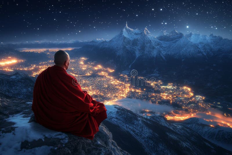 A Modern-day Buddhist Monk Sits on a Mountain Summit, Taking in the ...
