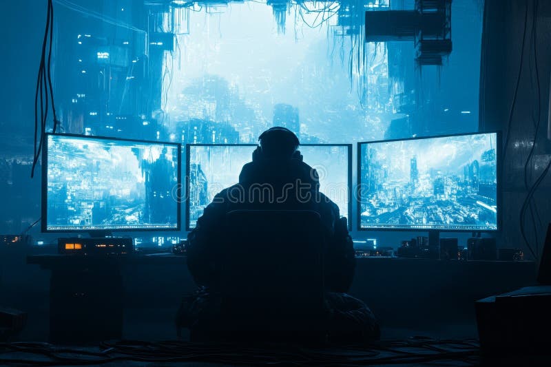 A Modern-day Criminal Works in a Darkened Space, Using a Computer Setup ...