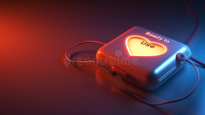 Modern Defibrillator with Illuminated Ready To Use Sign on a Red ...