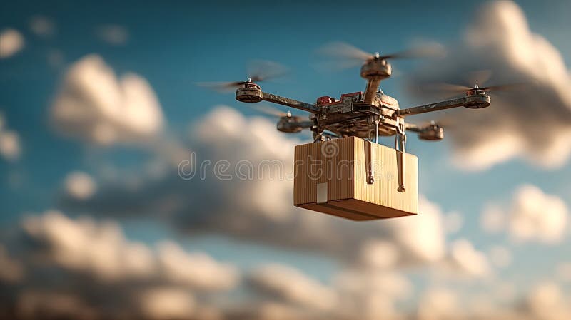 Drone Delivering Package Flying through Cloudy Sky Stock Image - Image ...