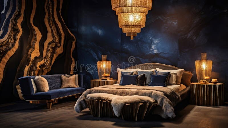 Modern Deluxe Bedroom Interior Dark Theme Background Stock Illustration ...