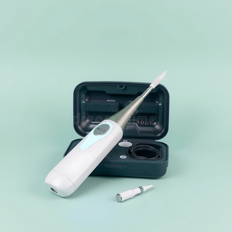 A Modern Dental Curing Light with Its Case on a Pastel Mint Background ...
