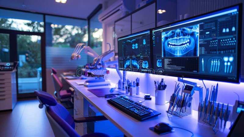 Dental Office Showcasing Advanced Technology with Computer Screens ...