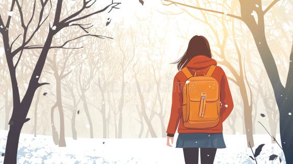 A Modern Depiction of a Man Walking in a Forest Covered in Snow. Stock ...