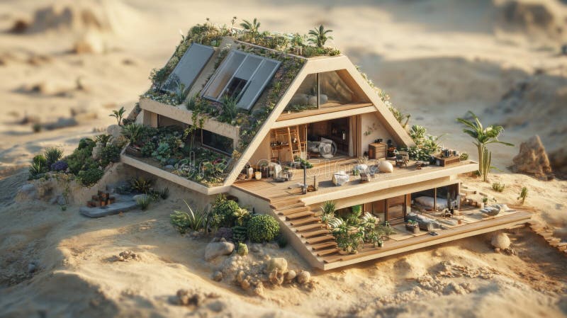 Modern Desert a-Frame House with Solar Panels and Plants Stock ...