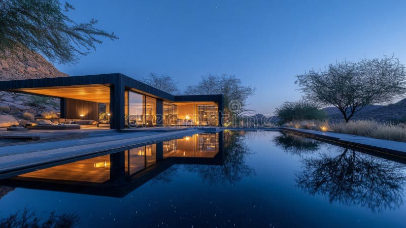 Modern Desert House with Infinity Pool at Night Stock Illustration ...