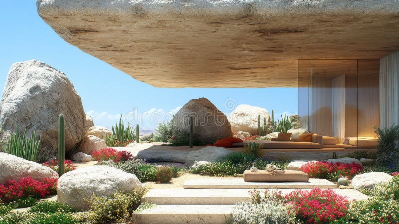 Modern Desert House with Stone Facade and Lush Landscaping Stock Photo ...