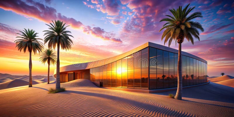 Modern Desert Oasis Sunset Reflection on Glass Facade of a Unique ...