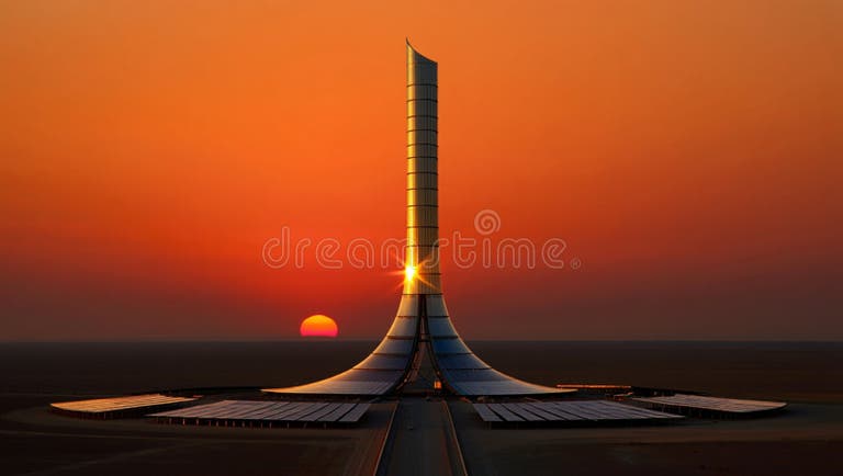 Modern Desert Tower and Solar Panel Array Under Dramatic Sunset Sky ...