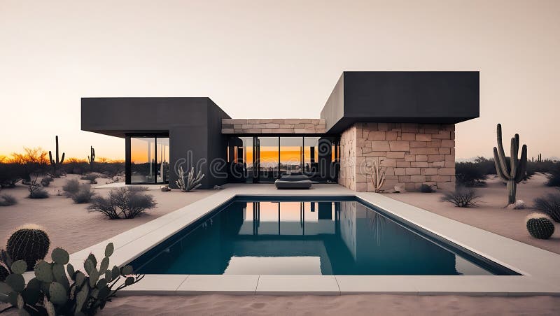 Modern Desert Villa with Infinity Pool Stock Image - Image of mansion ...