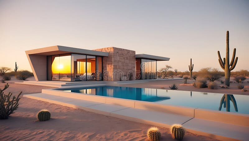Modern Desert Villa with Infinity Pool Stock Photo - Image of elegance ...