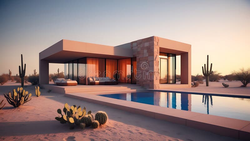 Modern Desert Villa with Infinity Pool Stock Photo - Image of life ...