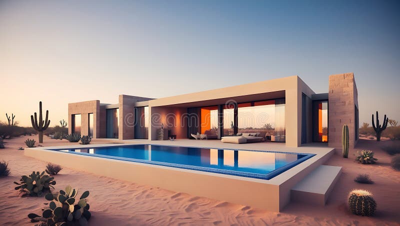 Modern Desert Villa with Infinity Pool Stock Image - Image of mansion ...