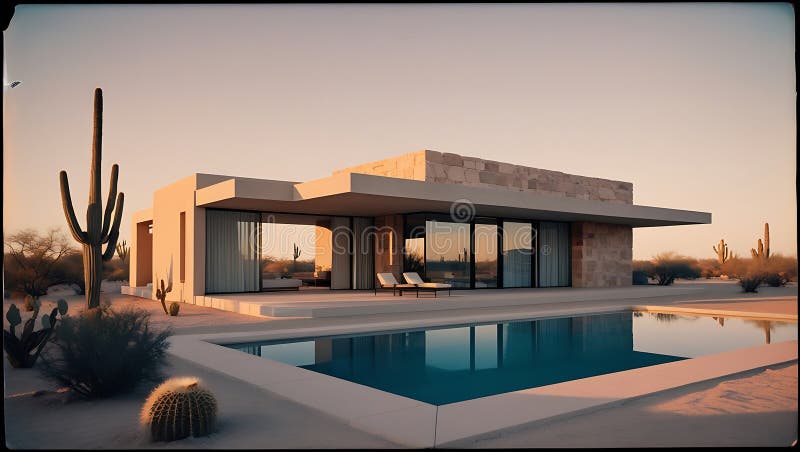 Modern Desert Villa with Infinity Pool Stock Photo - Image of facade ...