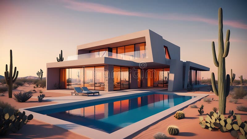 Modern Desert Villa with Infinity Pool Stock Image - Image of desert ...