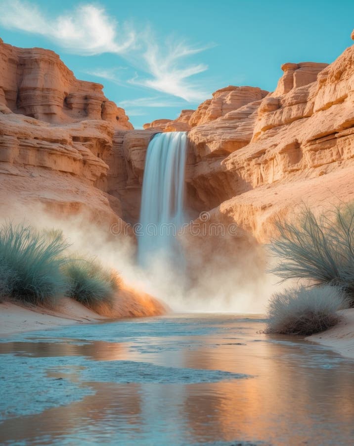 Modern Desert Waterfall with Bright Light Effects Stock Image - Image ...