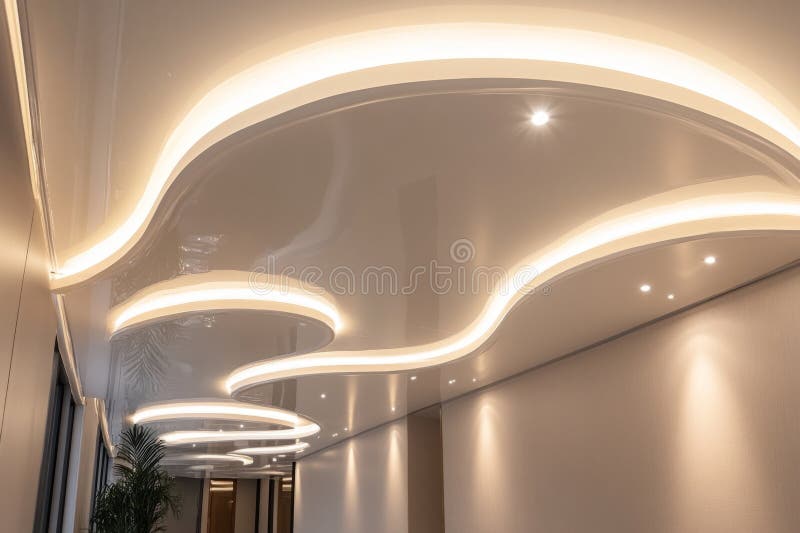 Modern Design Ceiling with Led Lighting Illuminating an Empty Hallway ...