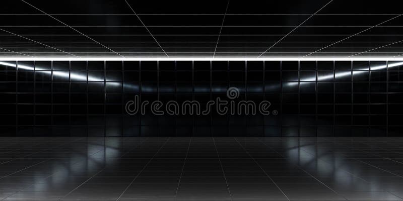 Modern Design Dark Hall Tiled Wall with Reflections and Blue Lights 3d ...