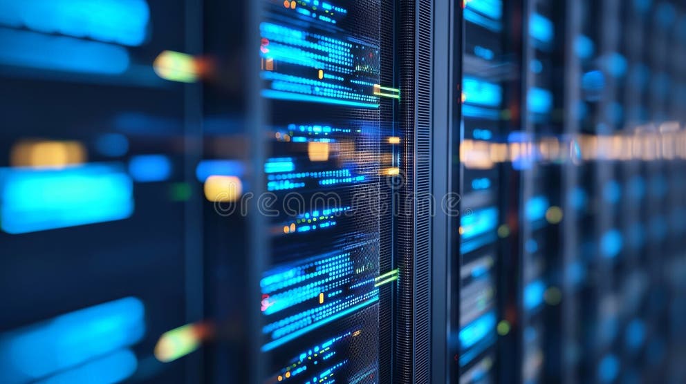 A Modern Design for a Data Center with Racks of Servers, Illuminated in ...