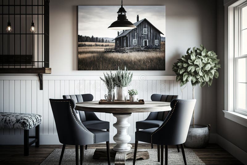Modern Design Farmhouse Dining Room with Table, Hyperrealism Stock ...