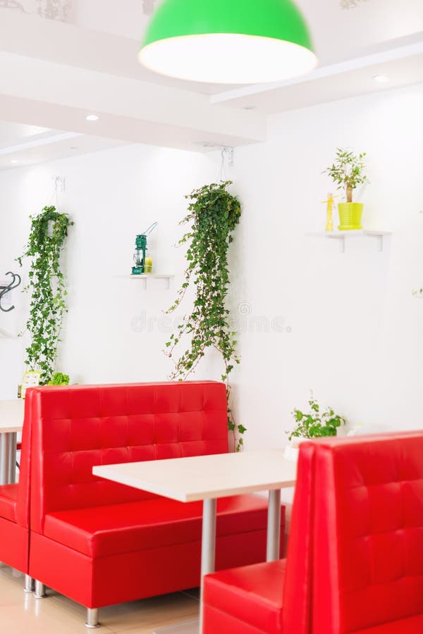 Modern Design Restaurant Interior in White and Red Colors with Plants ...