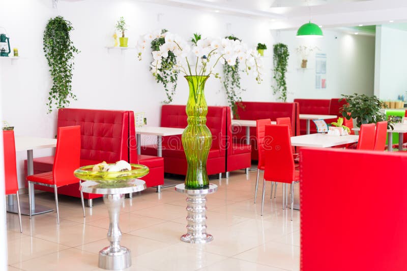 Modern Design Restaurant Interior in White and Red Colors with Plants ...