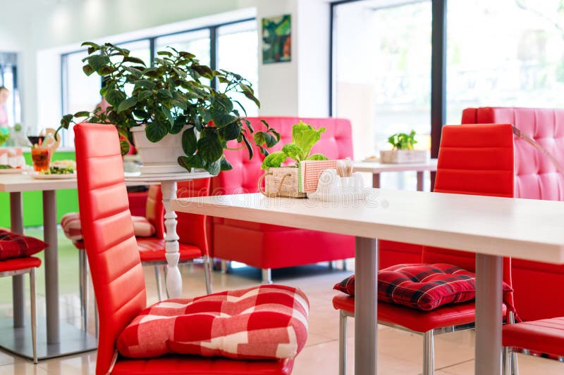 Modern Design Restaurant Interior in White and Red Colors with Plants ...