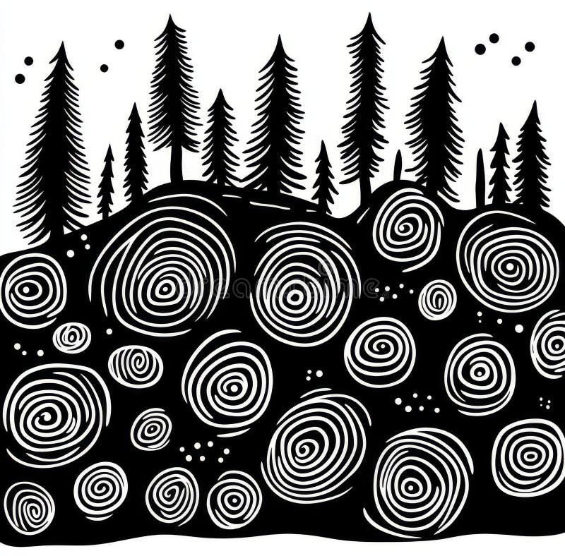 A Modern Design Showing a Stack of Wood Logs and Tree Silhouettes ...