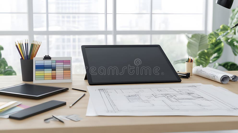 Modern Design Studio Setup Featuring a Large Drawing Tablet, Technical ...