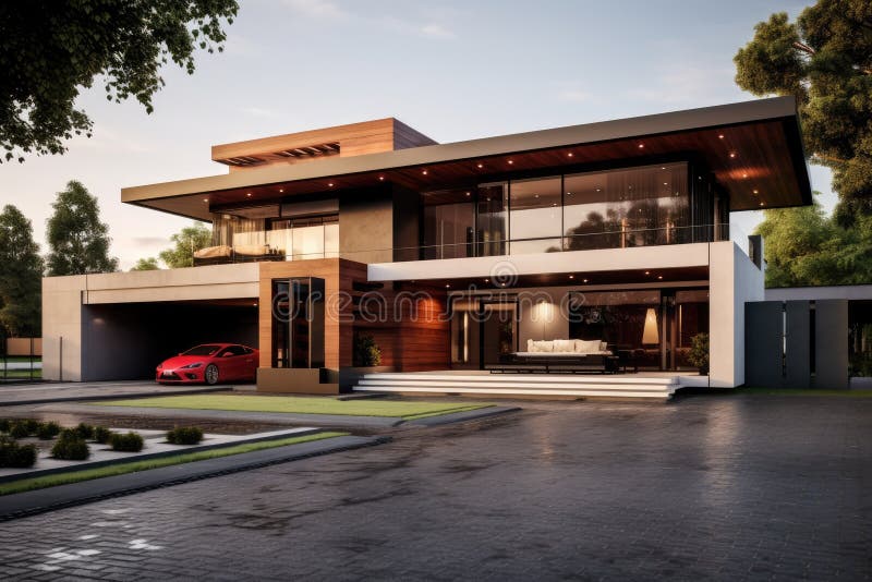 Modern Design Two-storey House with Large Windows and Terrace Stock ...