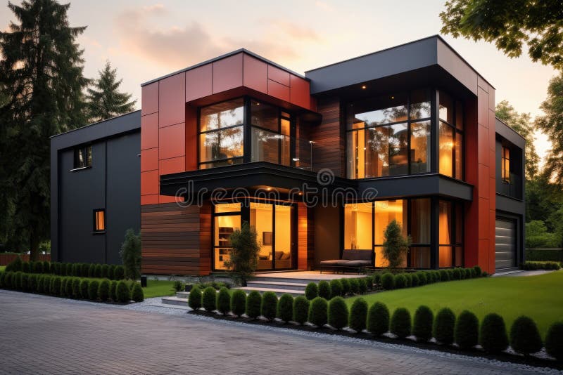 Modern Design Two-storey House with Large Windows and Terrace Stock ...