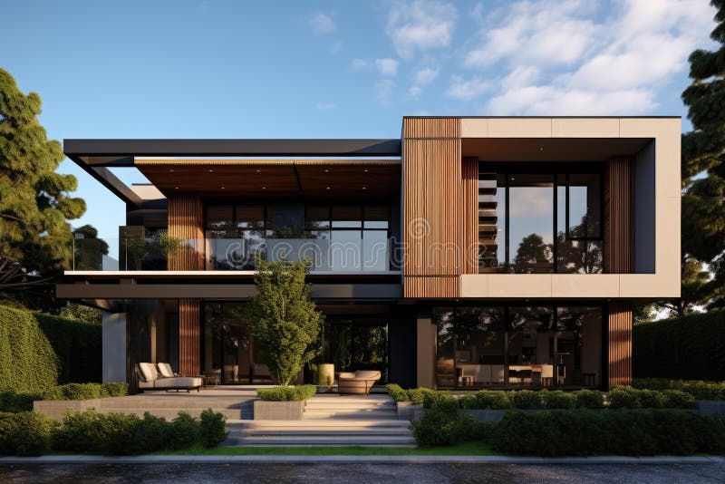 Modern Design Two-storey House with Large Windows and Terrace Stock ...