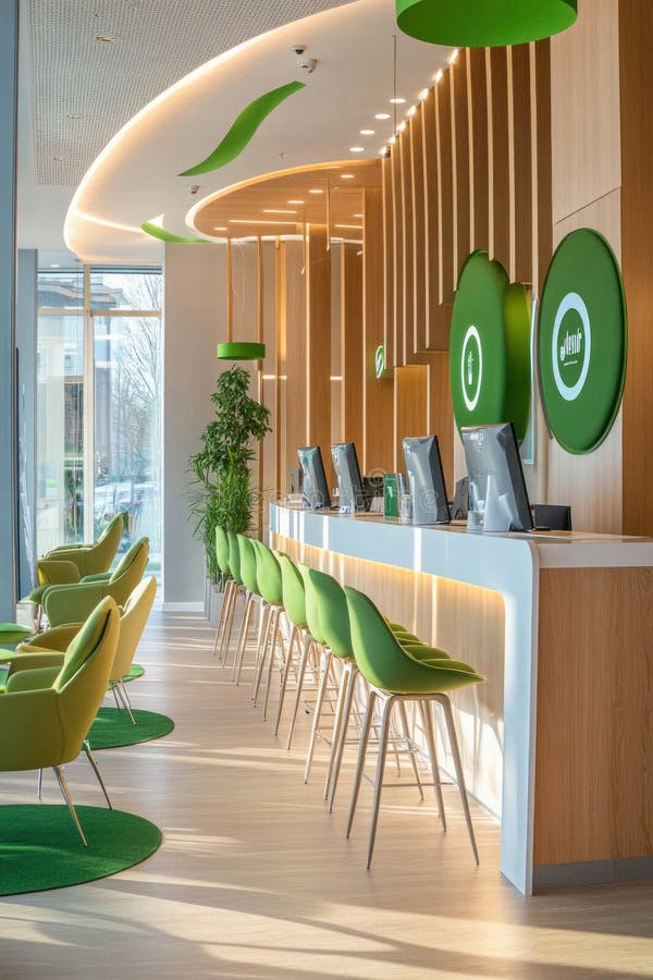 Modern Designed Bright Office Reception Area with Green Chairs Stock ...