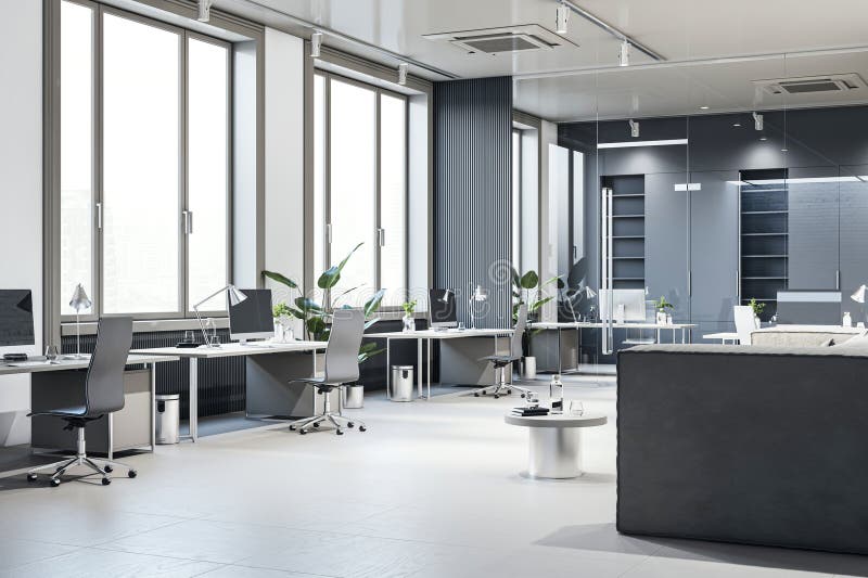 Modern Coworking Office Interior with Panoramic Windows and City View ...