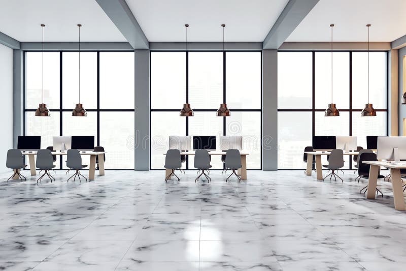 Modern Designer Coworking Office Interior with Panoramic Windows, City ...